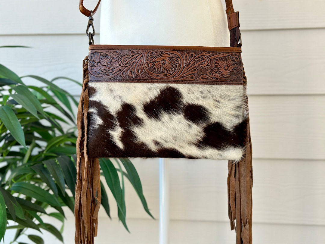 Cowhide Crossbody Bag: Tooled Leather & Fringe - Handmade Western Purse ...