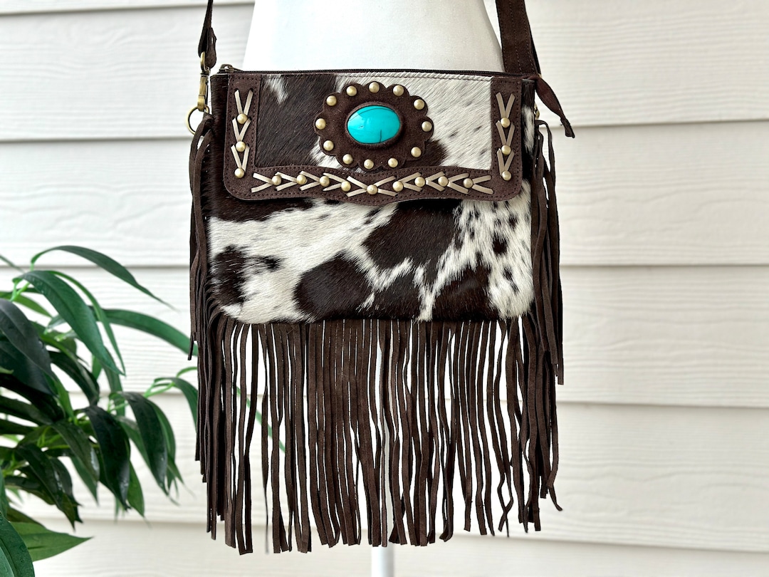 Cowhide Crossbody Purse Western Bag With Fringes Turquoise Handbag ...