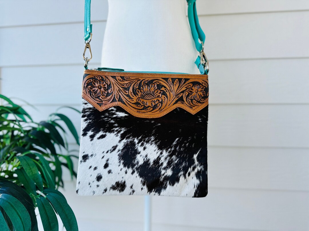 Cowhide Crossbody Purse Tooled Leather Clutch Messenger Bag Western ...