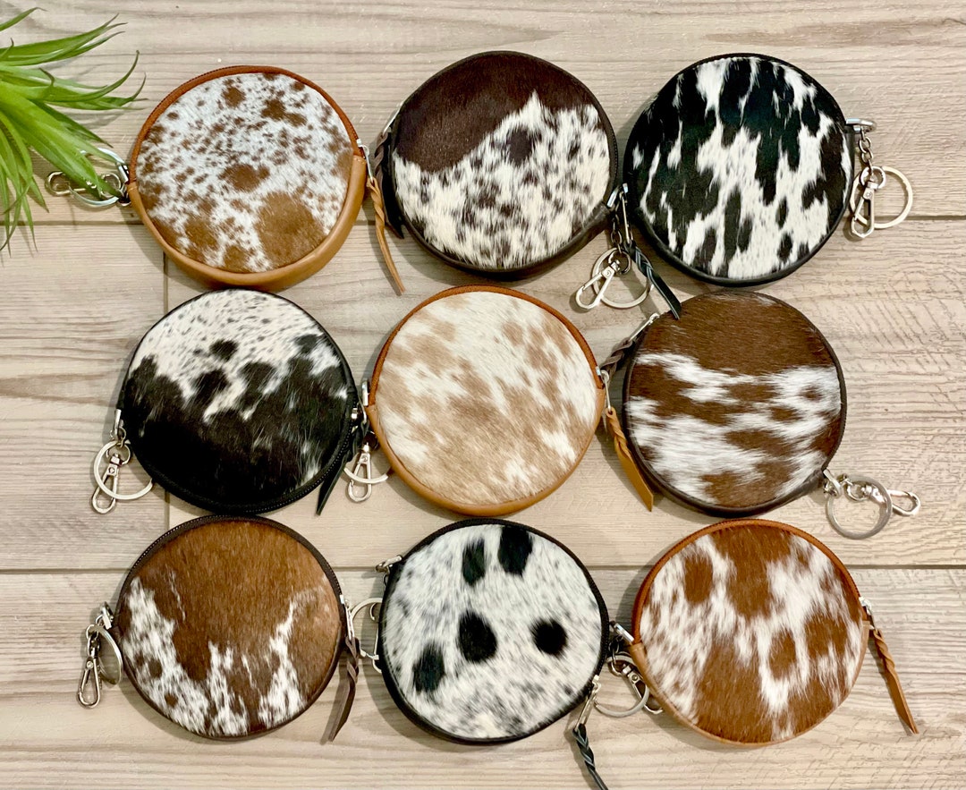 Real Cowhide Coin Change Purse Round Credit Card Holder Case Western ...