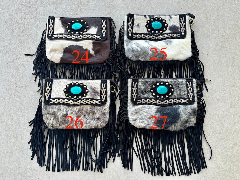 Cowhide Crossbody Purse Western Bag With Fringes Turquoise Handbag ...