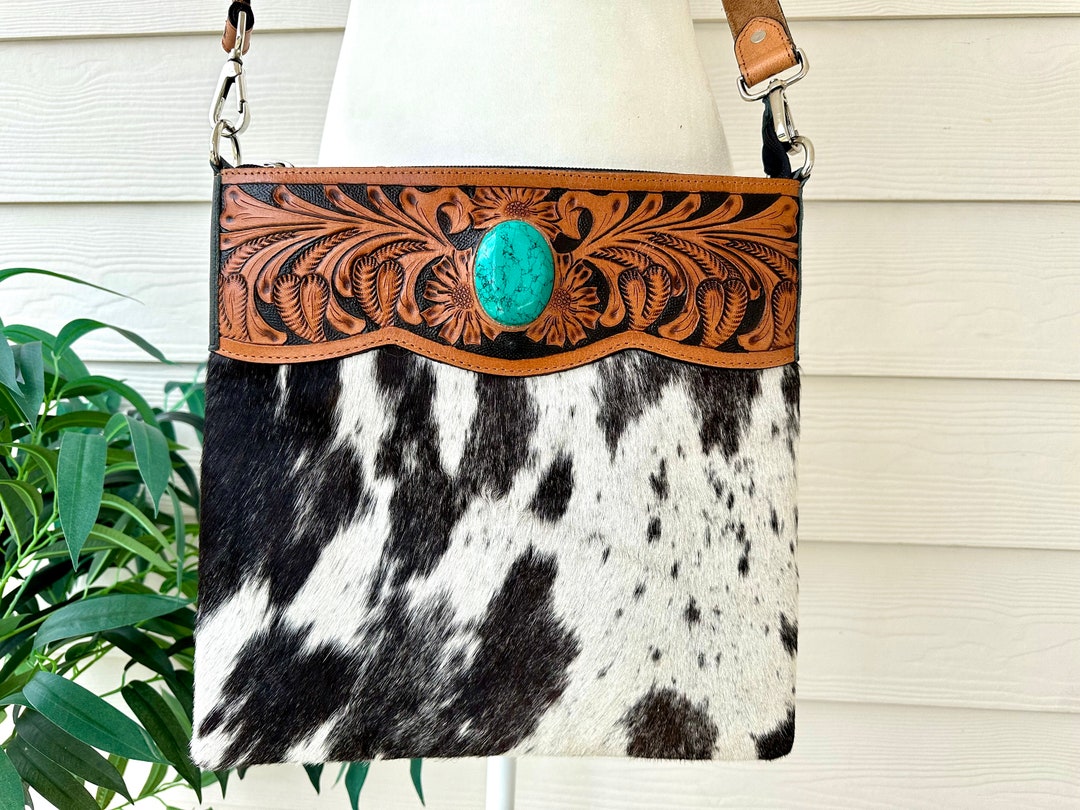 Western Cowhide Crossbody Bag Tooled Leather and Turquoise Carry Purse ...