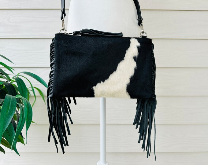 Cowhide Crossbody Purse Bag With Fringes Handbag Clutch Black Leather ...