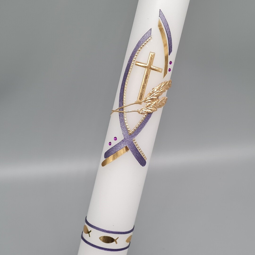 Communion Candle PAUL 40 X 4 Boys or Girls Fish, Cross, Ears of Corn ...