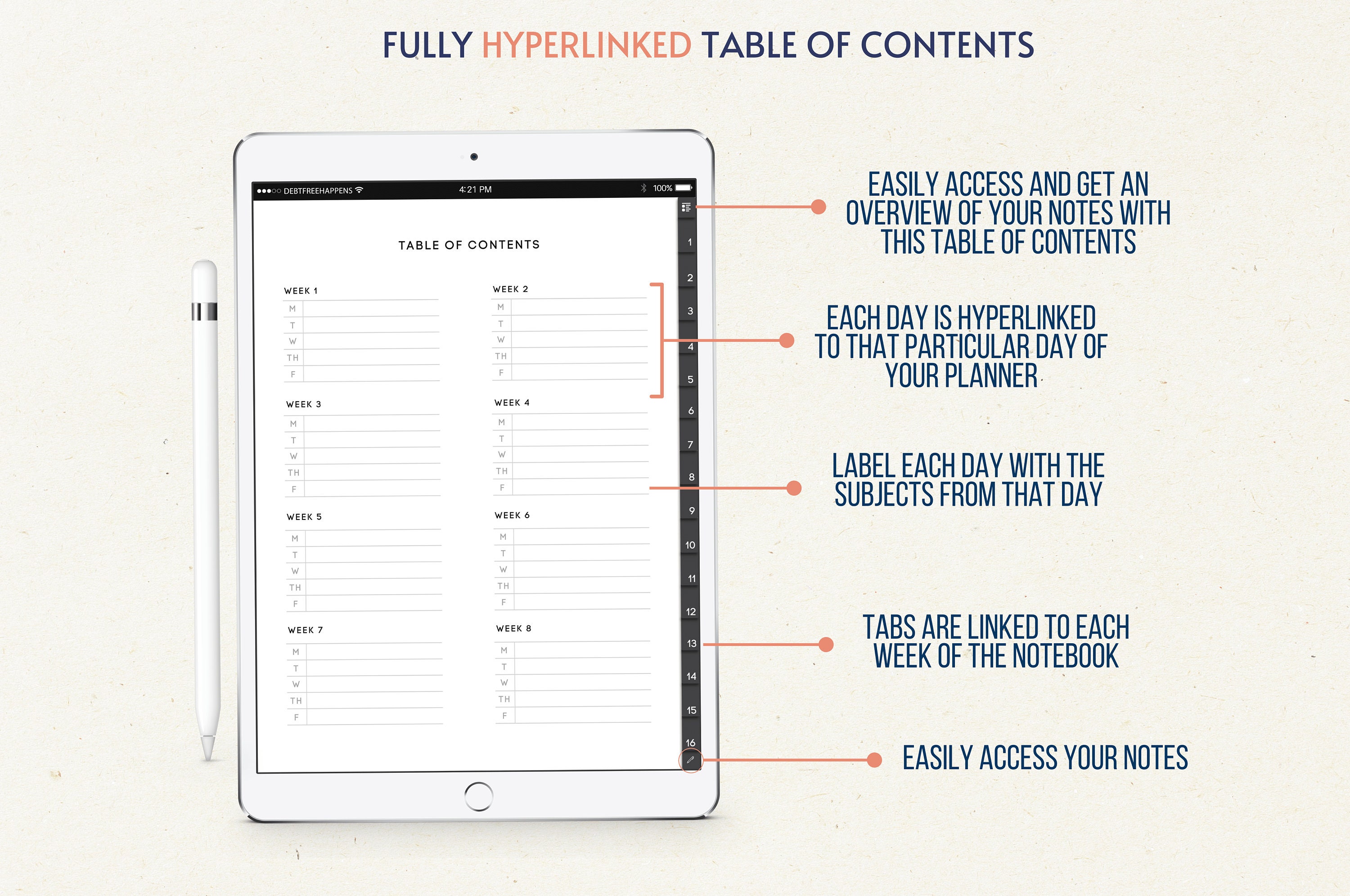 Digital Student Planner With 16 Weekly Tabs and Separate Note Pages for ...