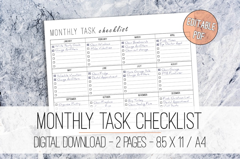 Monthly Task Checklist Printable EDITABLE Letter & A4, Task Planner ...
