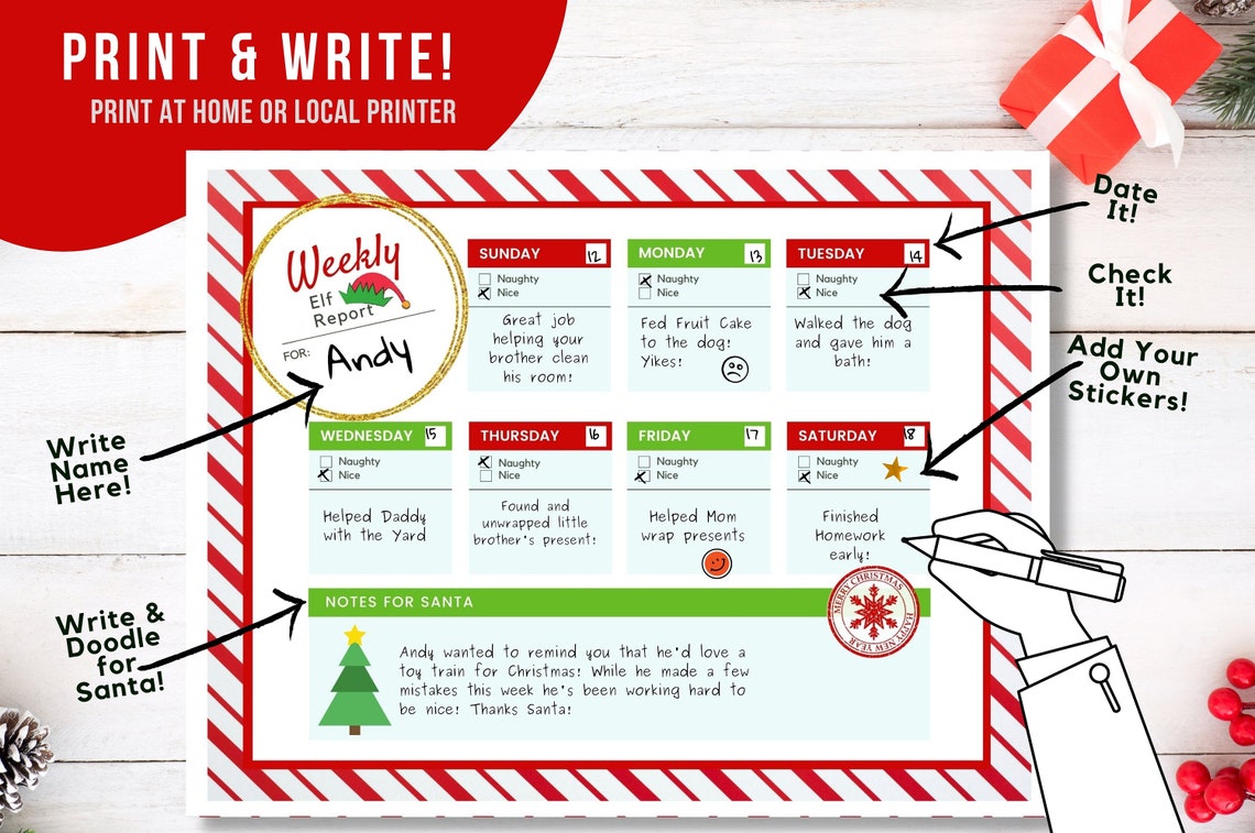 Elf Report Weekly Calendar, Elf Report Card, Christmas Elf Printable ...