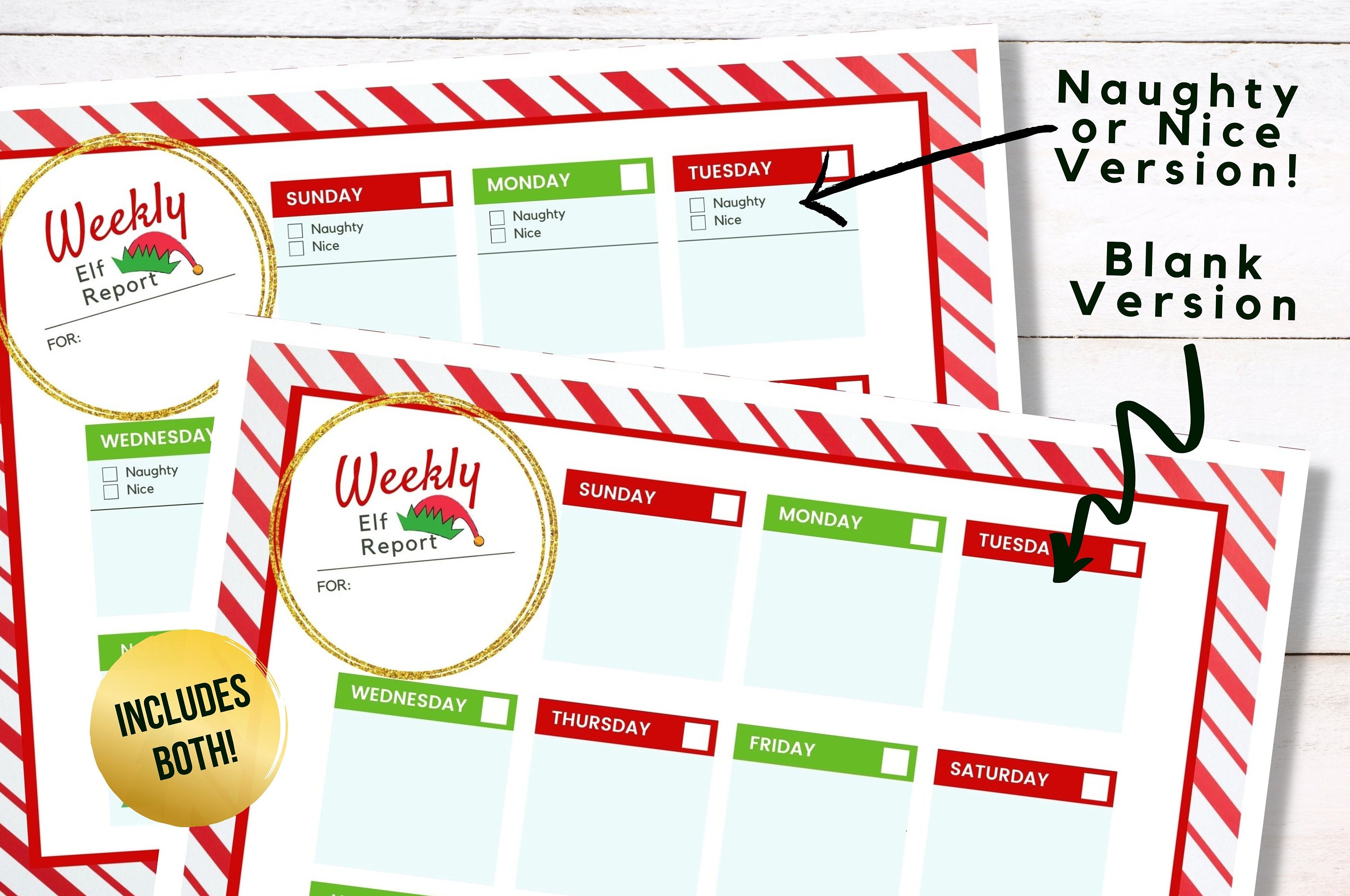 Elf Report Weekly Calendar, Elf Report Card, Christmas Elf Printable ...