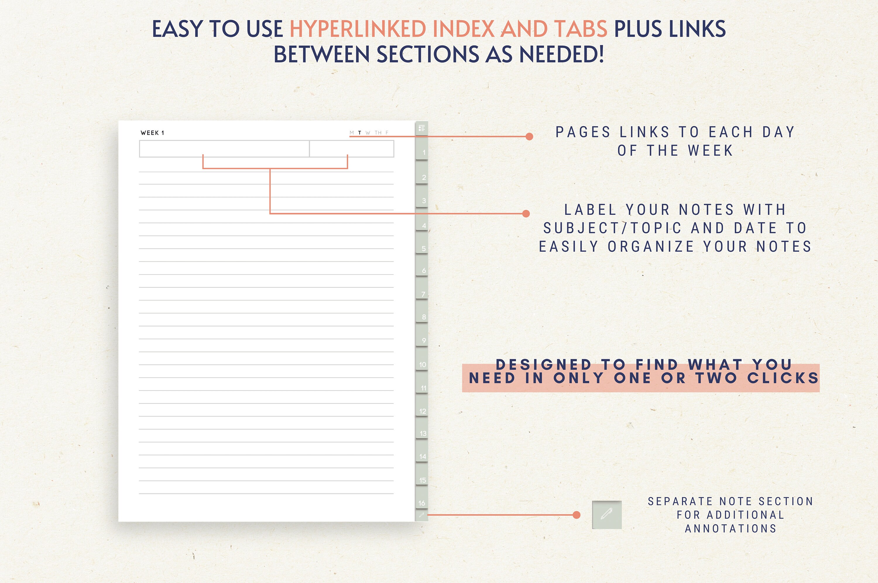 Digital Student Planner With 16 Weekly Tabs and Separate Note Pages for ...