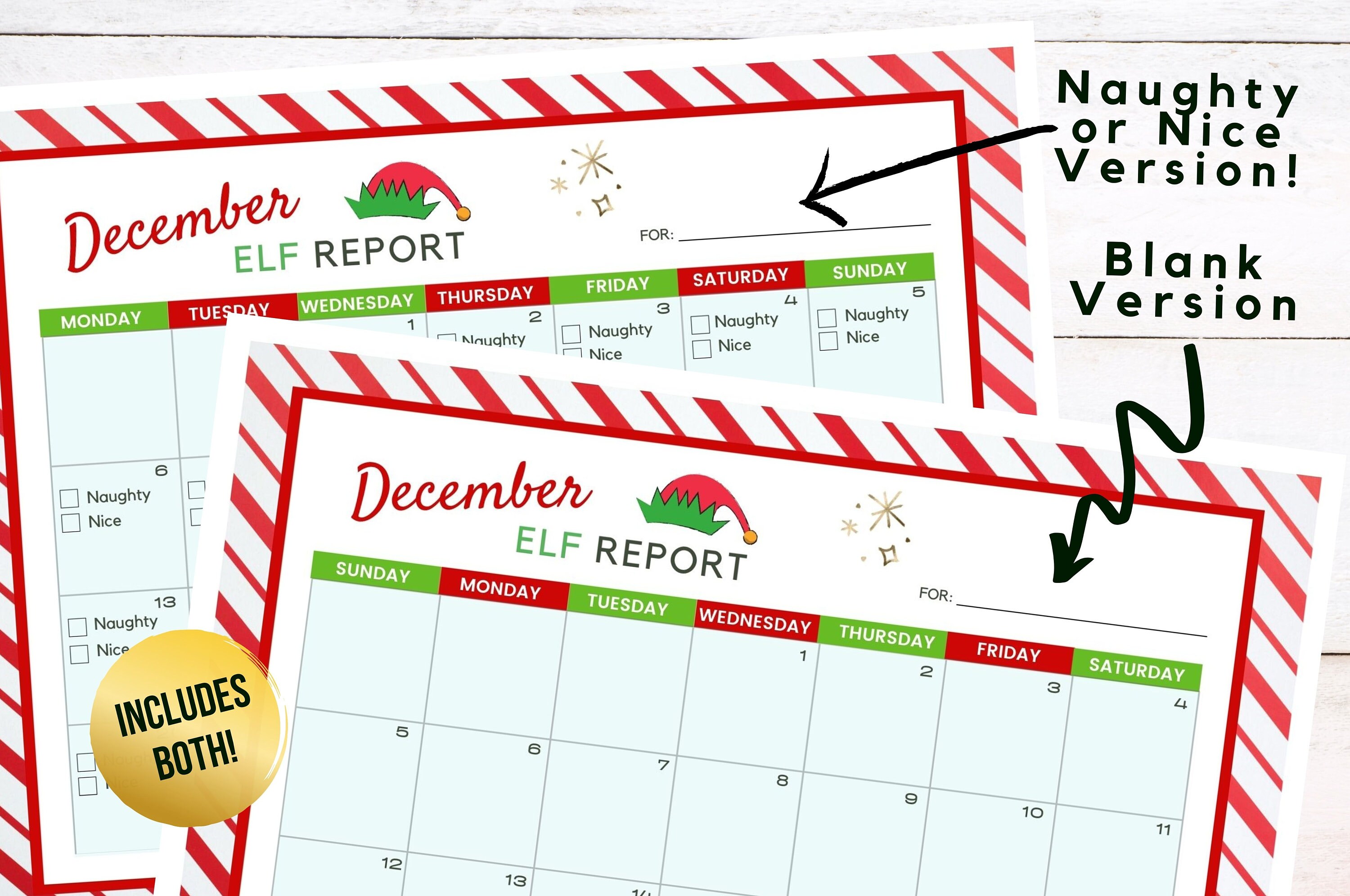 Elf Report Monthly Calendar, December 2023 Calendar, Elf Report Card ...