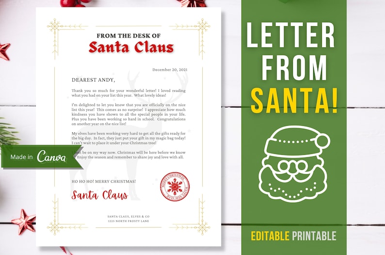 Editable Letter From Santa Claus, Canva Template, Custom Personalized ...
