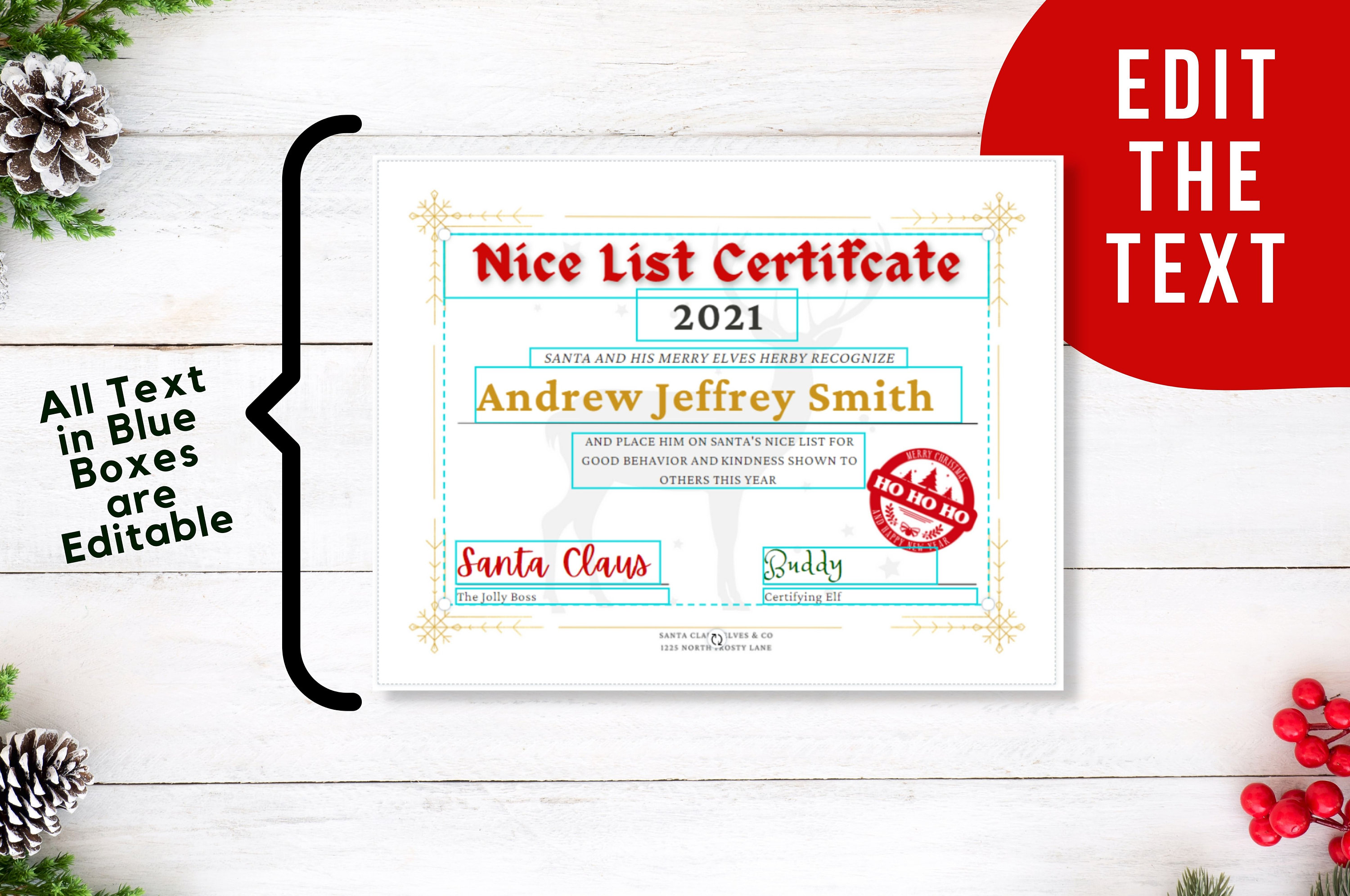 Editable Nice List Certificate From Santa Claus, Canva Template, Custom ...