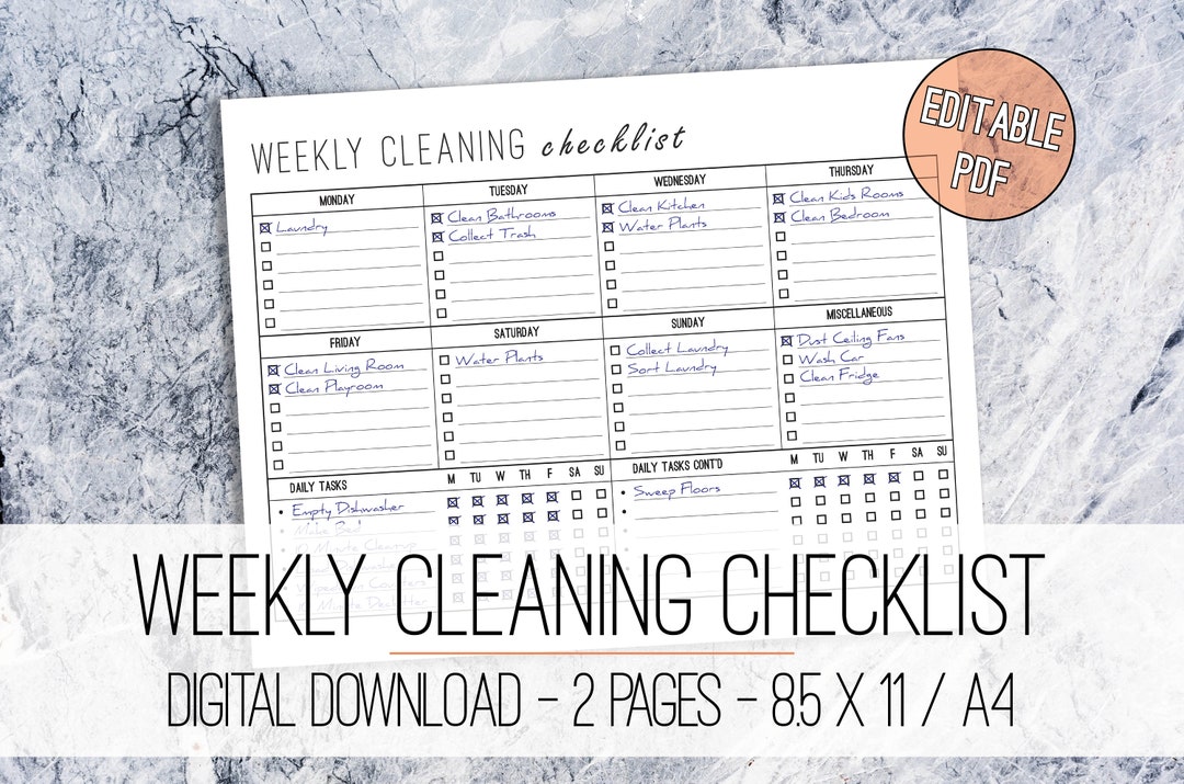 Weekly Cleaning Checklist EDITABLE Printable Letter & A4, Weekly ...