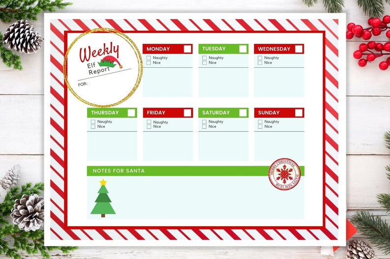 Elf Report Weekly Calendar, Elf Report Card, Christmas Elf Printable ...