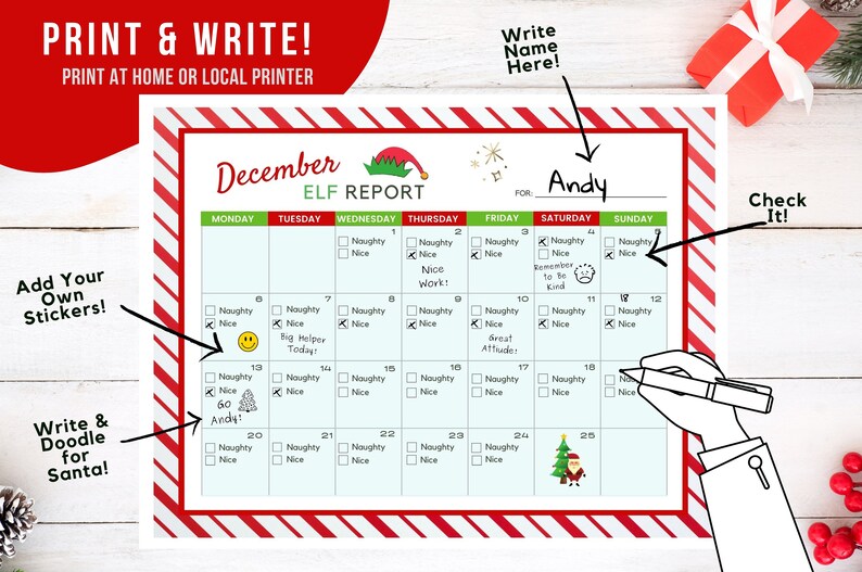 Elf Report Monthly Calendar, December 2023 Calendar, Elf Report Card ...