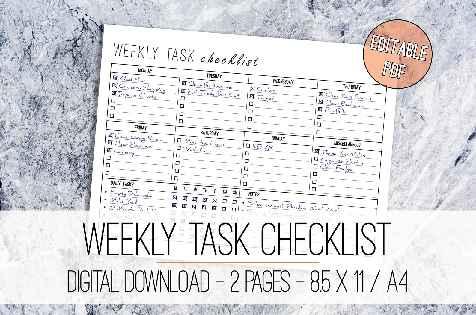 Weekly Task Checklist Printable EDITABLE Letter & A4, Task Planner ...