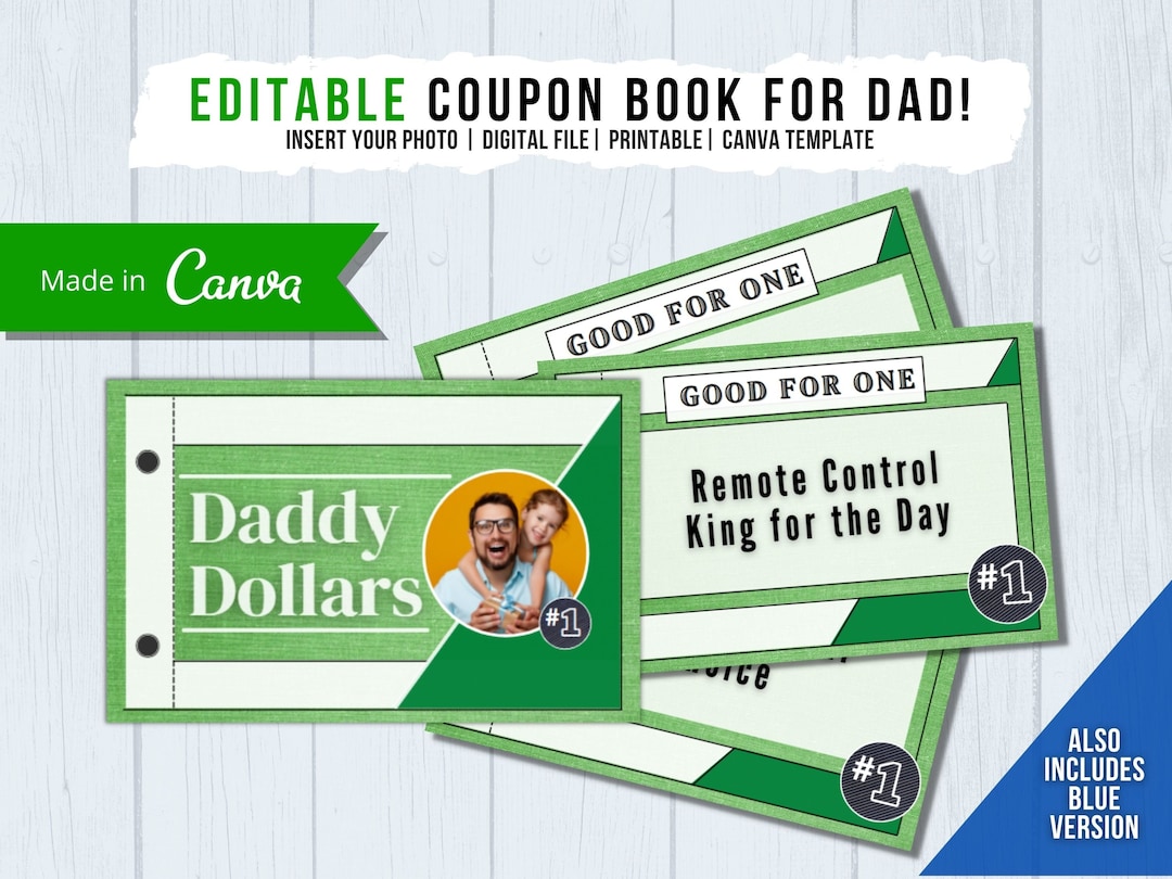 Editable Coupon Book for Dad, Daddy Dollars, Personalized Guy Gift ...