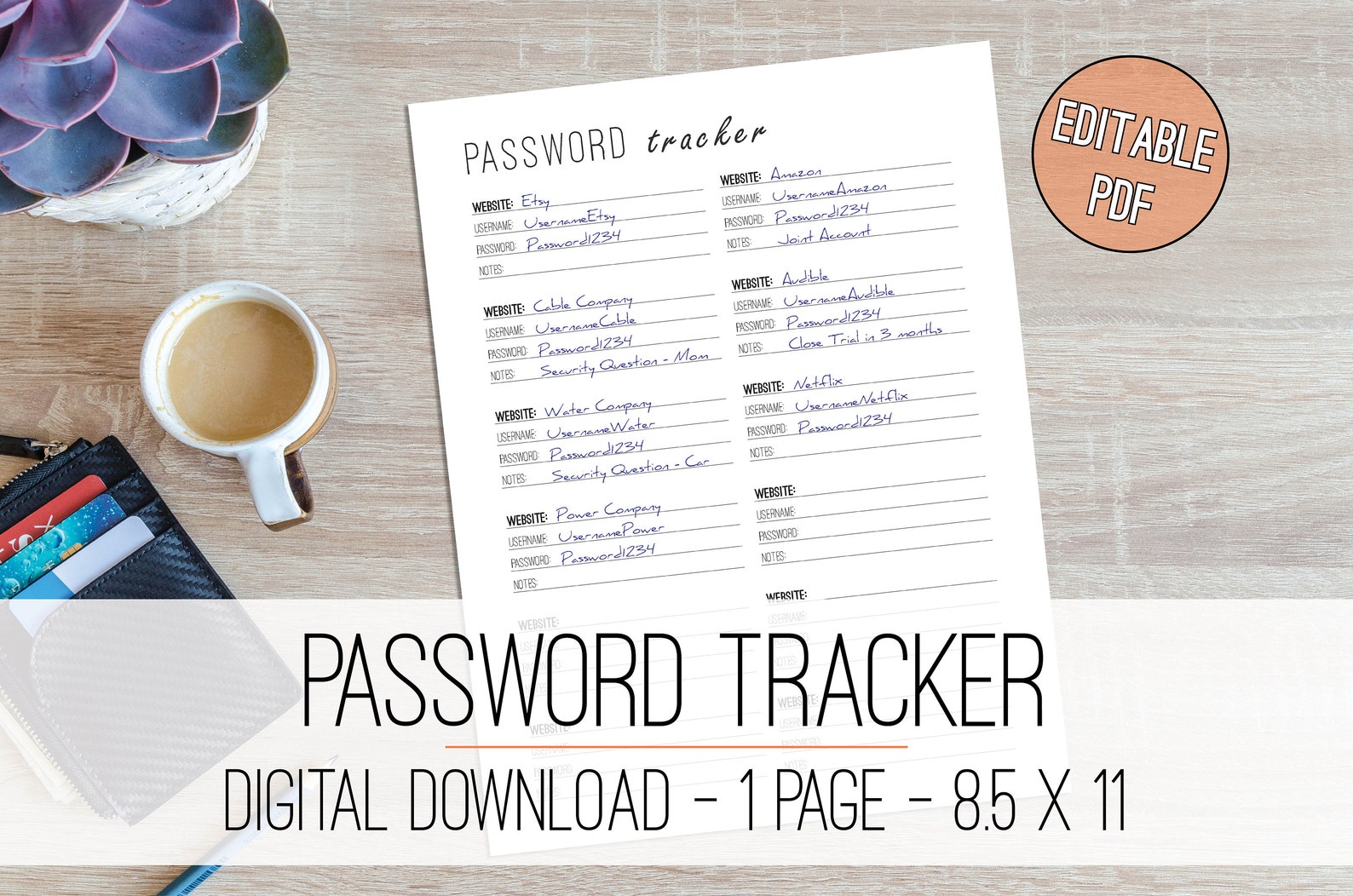 Editable Password Tracker Printable Password Log Editable Password ...