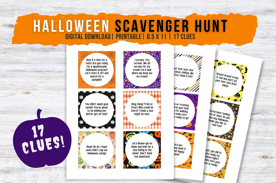 Halloween Scavenger Hunt, 17 Clues, Trick or Treat, Indoor Treasure ...