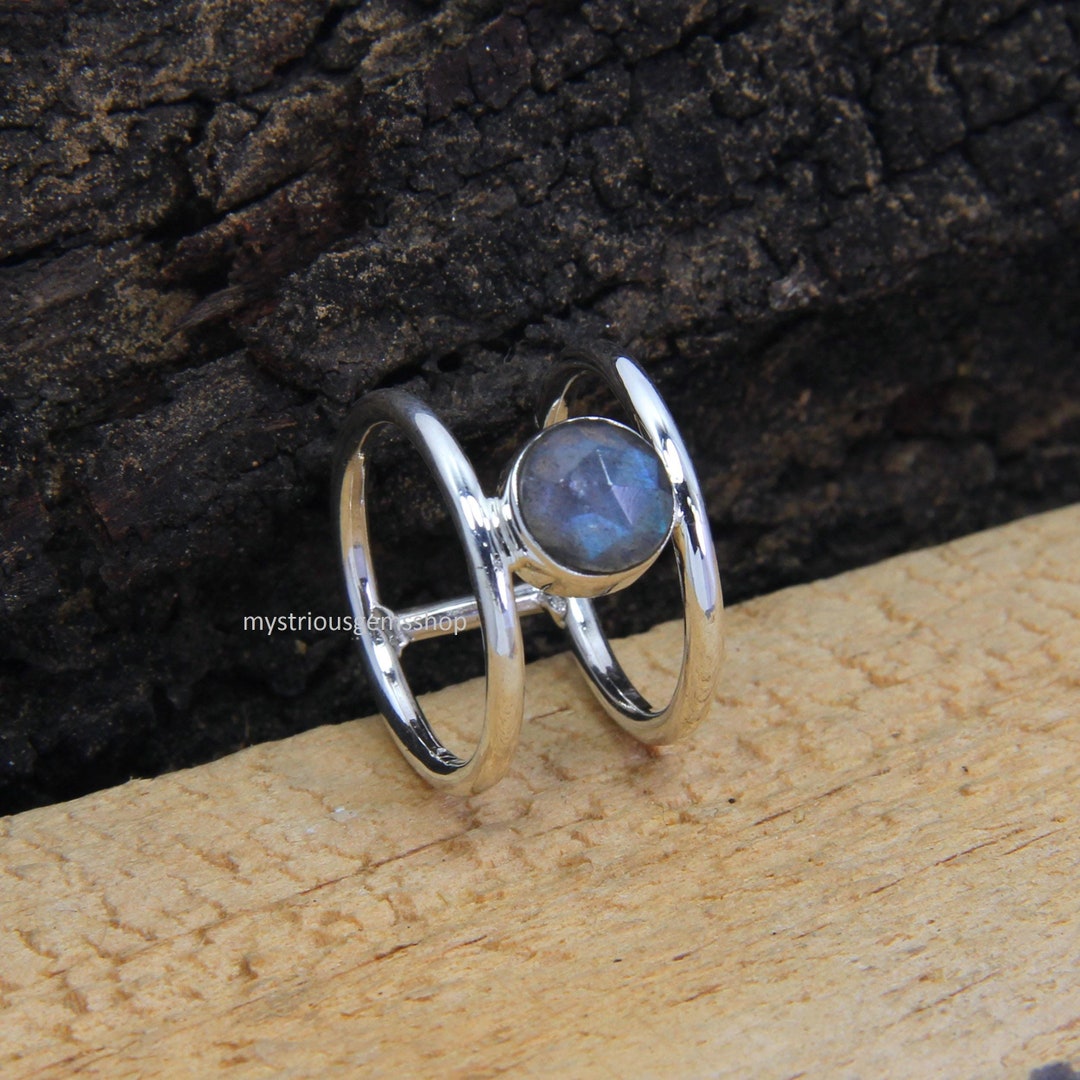 Labradorite Gemstone Double Band Ring 925 Silver Sterling and Gold ...