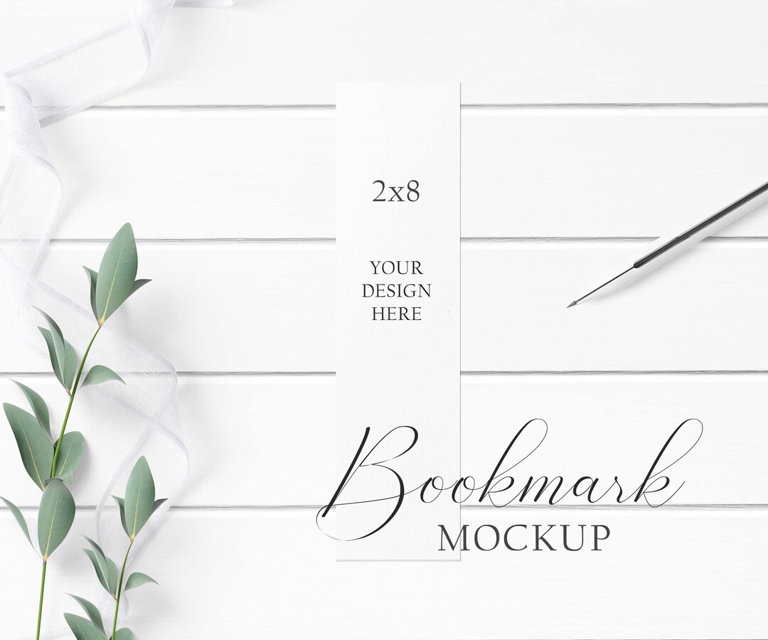2x8 Bookmark Mockup Styled With Textured Paper and Greenery on a White ...