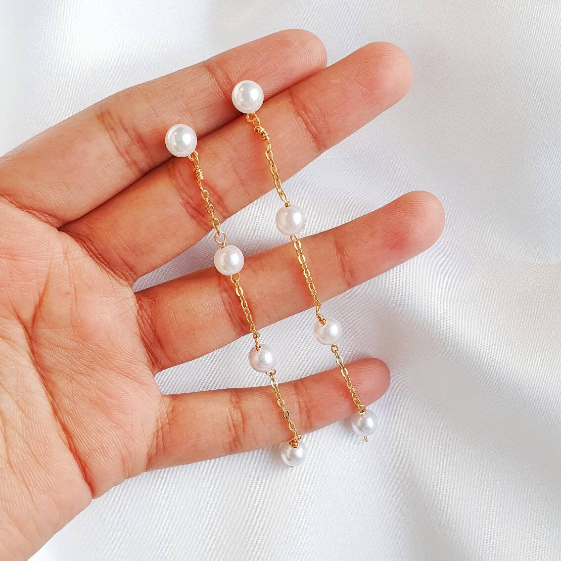 Pearl Long Chain Earrings Dainty Pearl Drop Earrings Gold - Etsy UK