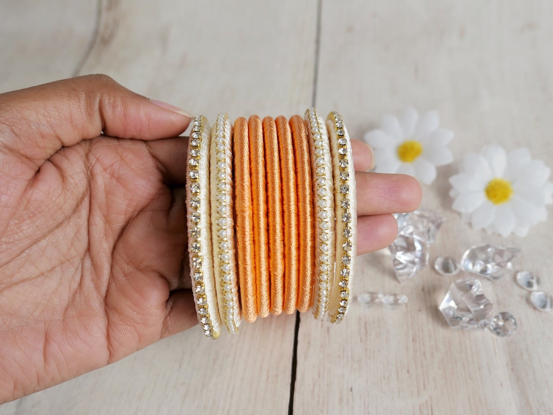 Silk Thread Modern Peach Stone Pearl Bangles Indian - Etsy
