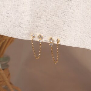 Double Stud Chain Earrings, Stud Dangling Chain Earrings, Minimal Chain Earrings, Dainty Chain ...