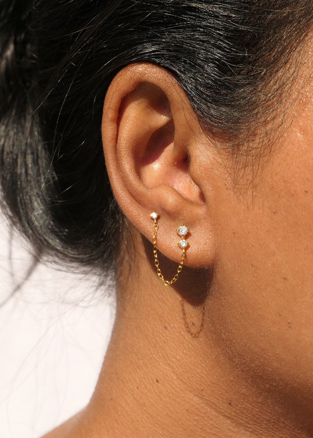 Double Stud Chain Earrings, Stud Dangling Chain Earrings, Minimal Chain ...