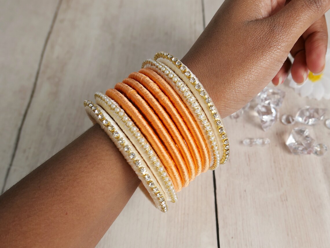 Silk Thread Modern Peach Stone Pearl Bangles Indian - Etsy