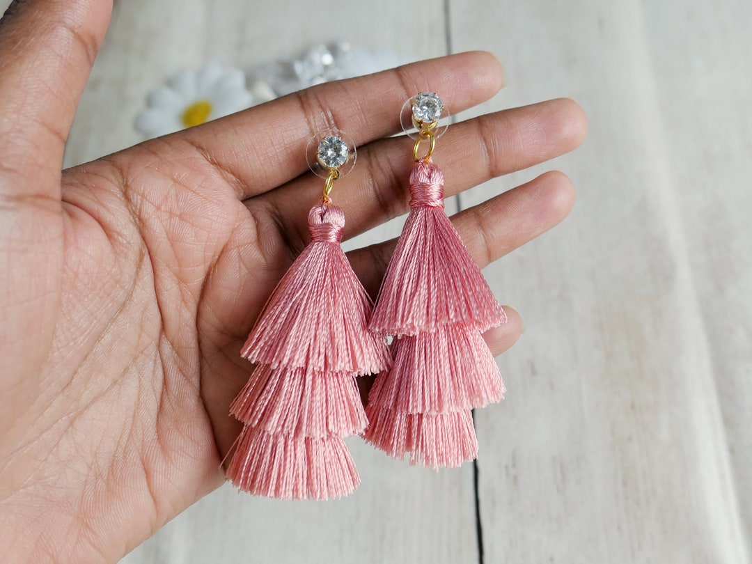 Dusky Pink Gold Colour Plated Tassel Earrings Silk Thread Gold Colour ...