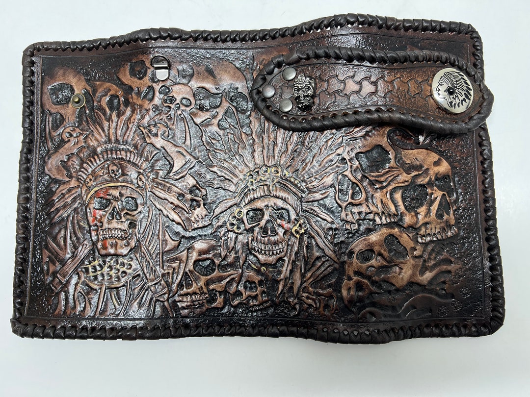 Indian Chief Skull Biker Wallet, Men's 3D Genuine Leather Wallet, Long ...
