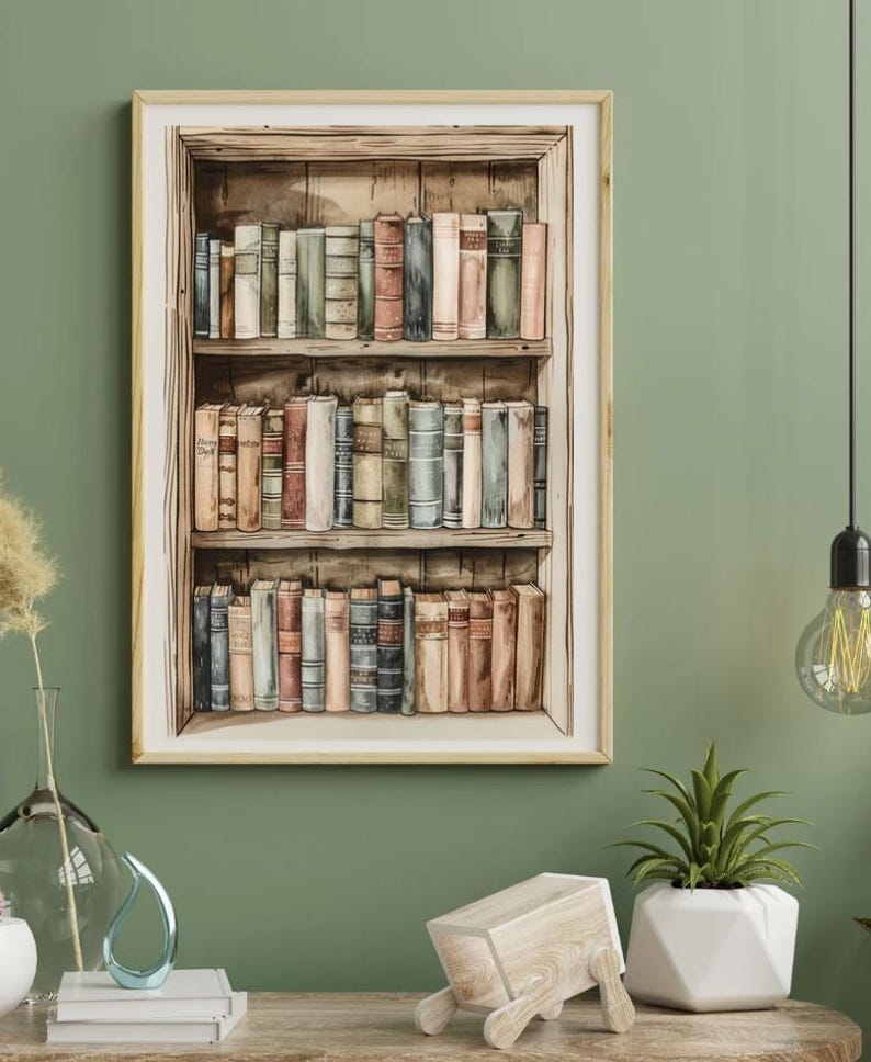 Watercolor Bookcase Print | Cozy Library Wall Art - Etsy