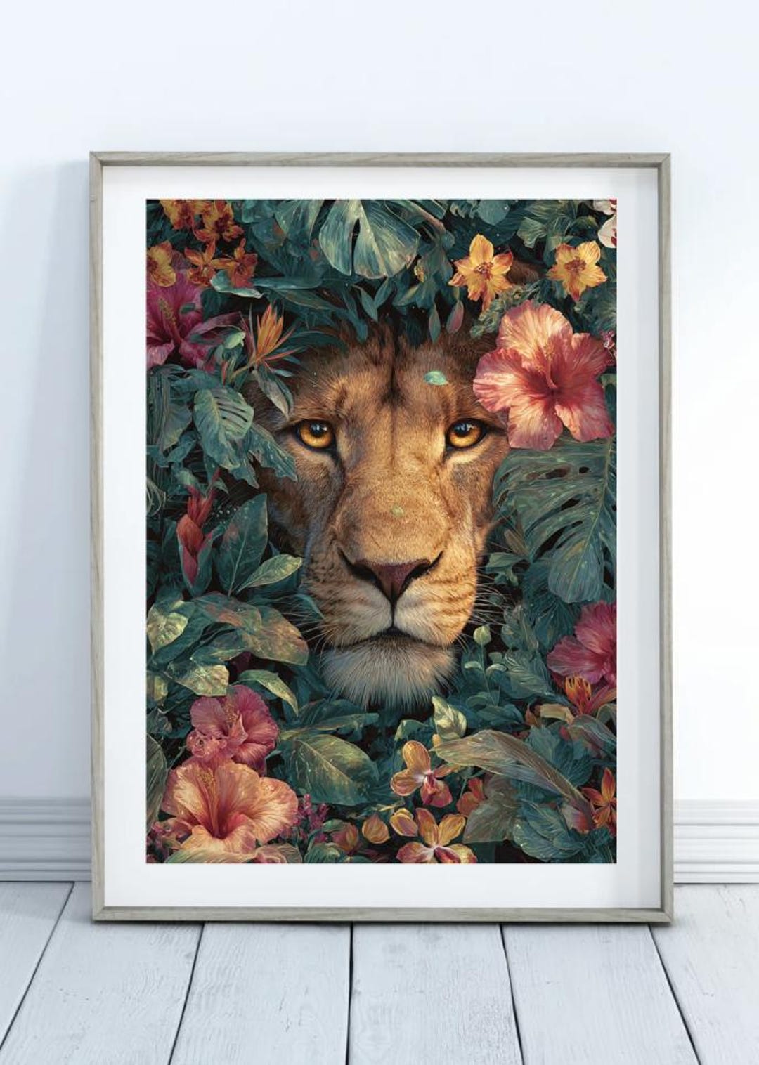 Lion Jungle Print – Tropical Botanical Animal Wall Art - Etsy