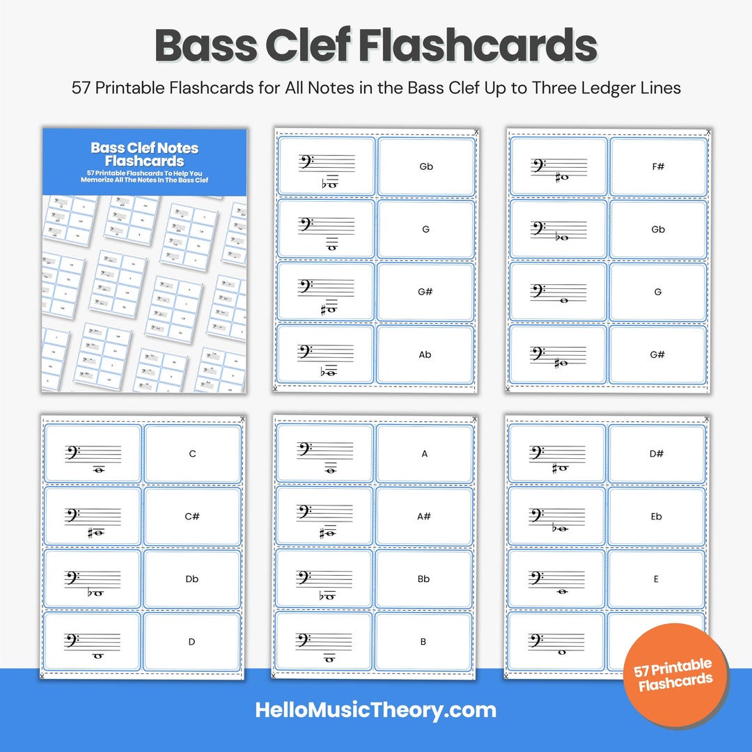 Bass Clef Notes Flashcards 57 Printable Music Theory Cards Learn Staff ...