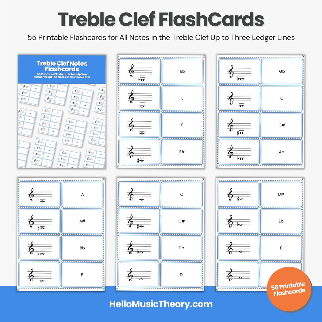 Treble Clef Notes Flashcards 55 Printable Music Theory Cards Learn ...