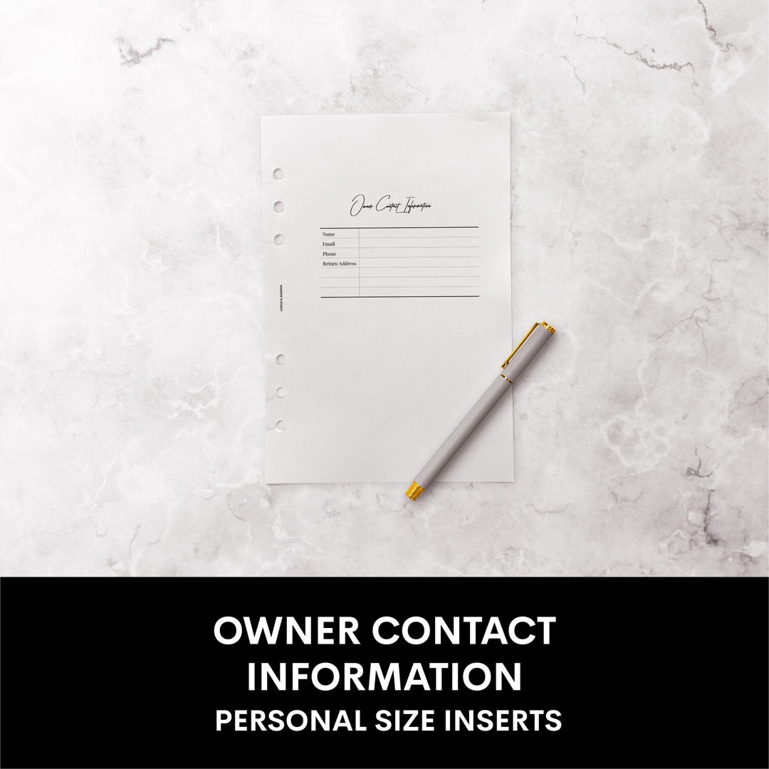 Printable Planner "owner Contact Information" Personal Size Planner ...