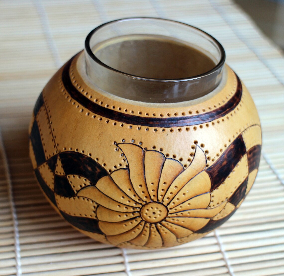 Jar for Yea-light in a Gourd With Burned Geometric Design/holder Fot ...