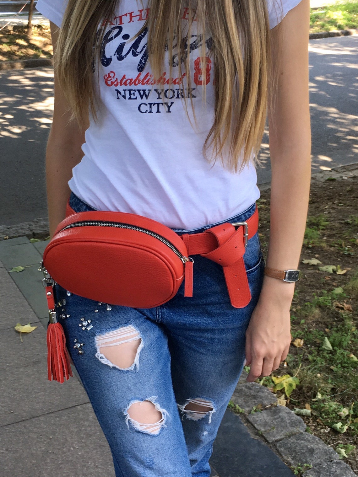Red leather fanny pack for women belt bag hip bag | Etsy