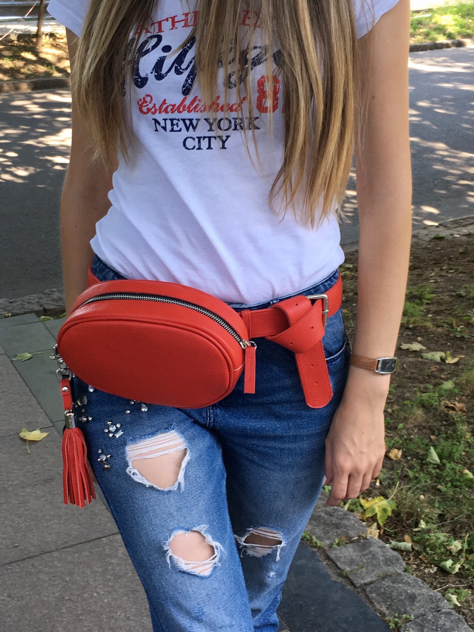 Red leather fanny pack for women belt bag hip bag | Etsy
