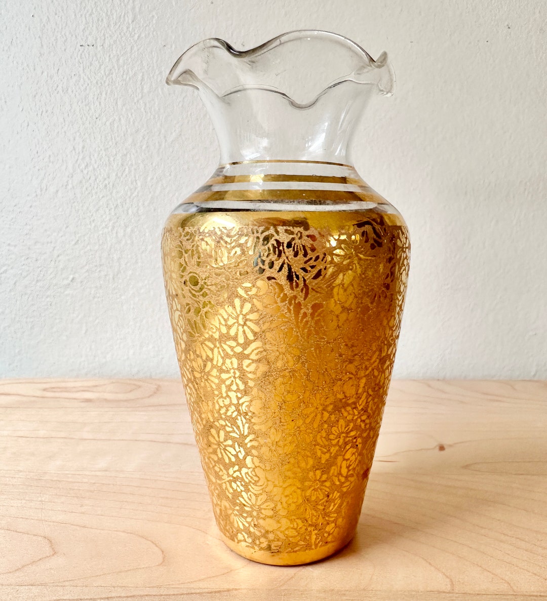 Vintage Ransgil Crystal Gold Vase With Gold Floral Detailed Edges ...