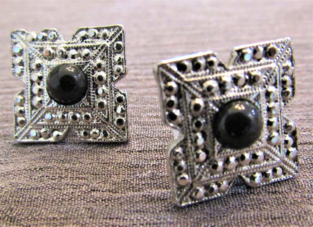Vintage Square Pierced Earrings With Black Stone in Silver Tone - Etsy