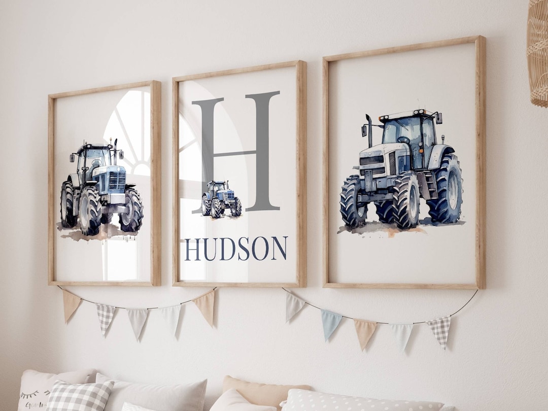 Personalized Farm Blue Tractor Wall Art Prints, Little Boys Bedroom ...