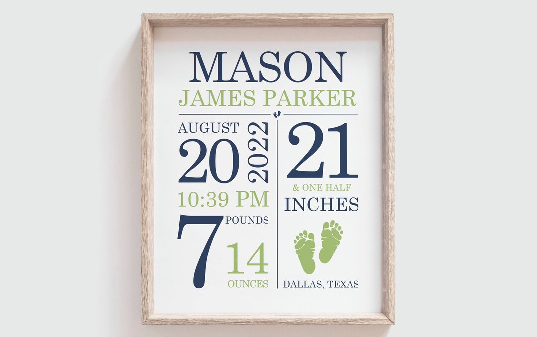 Personalized Baby Boy Wall Art - Birth Stat Footprints - Nursery Decor ...