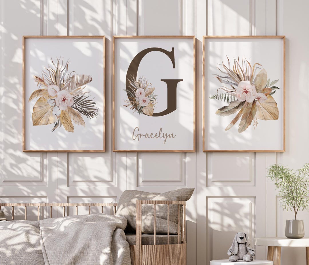 Personalized Boho Floral Baby Girl Initial Nursery Wall Art Prints ...