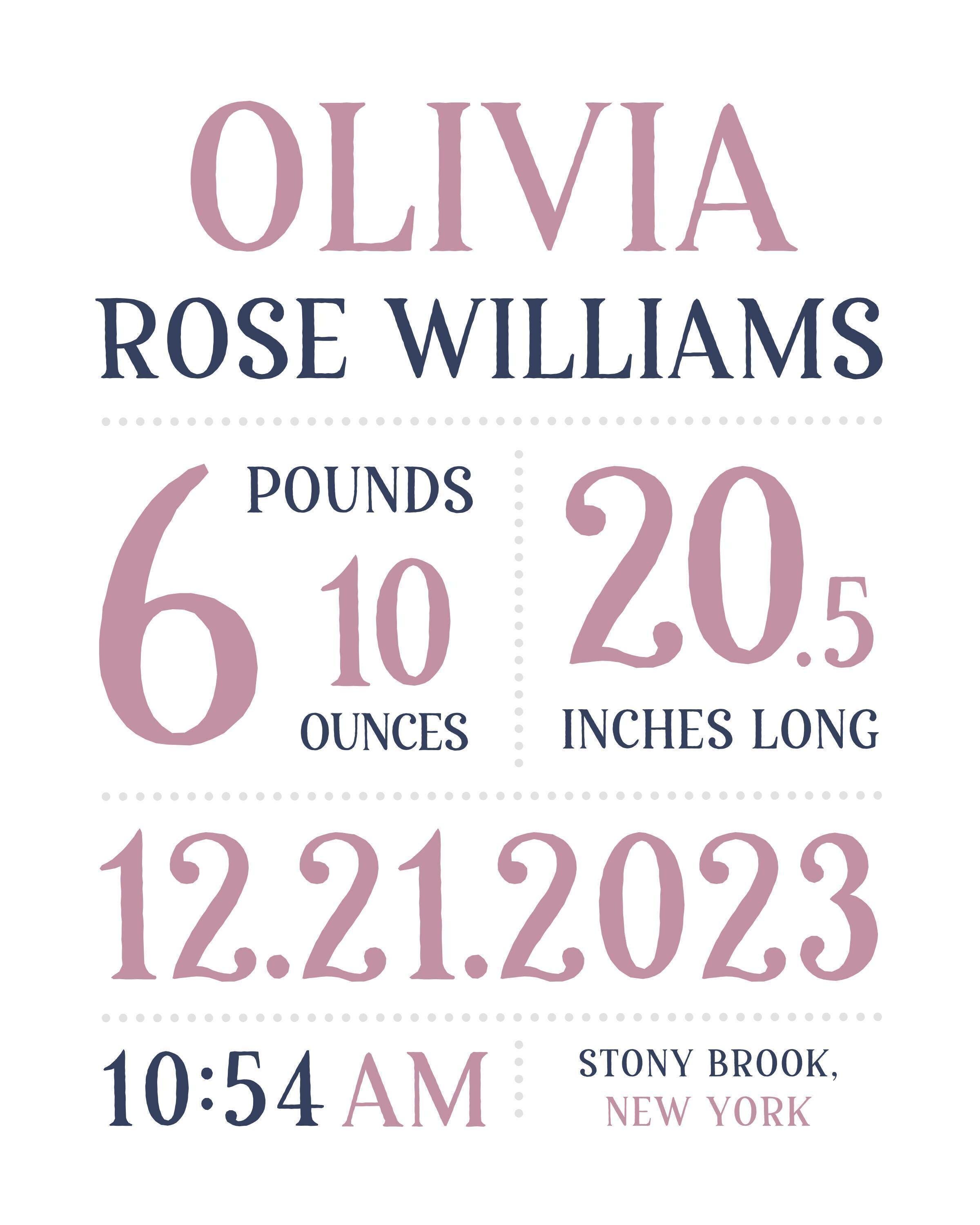 Baby Girl Birth Stat Nursery Wall Art, Personalized Baby Gift, Nursery ...