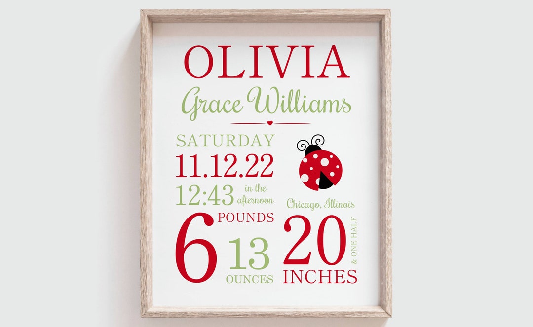 Ladybug Nursery Decor Wall Art, Baby Birth Stat, Birth Announcement ...