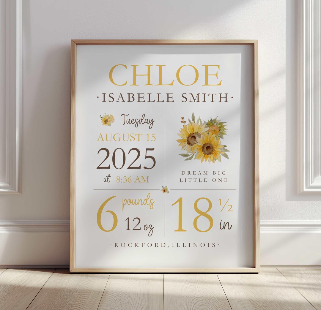Sunflower Nursery Wall Art, Baby Birth Stat, Birth Details, Floral ...