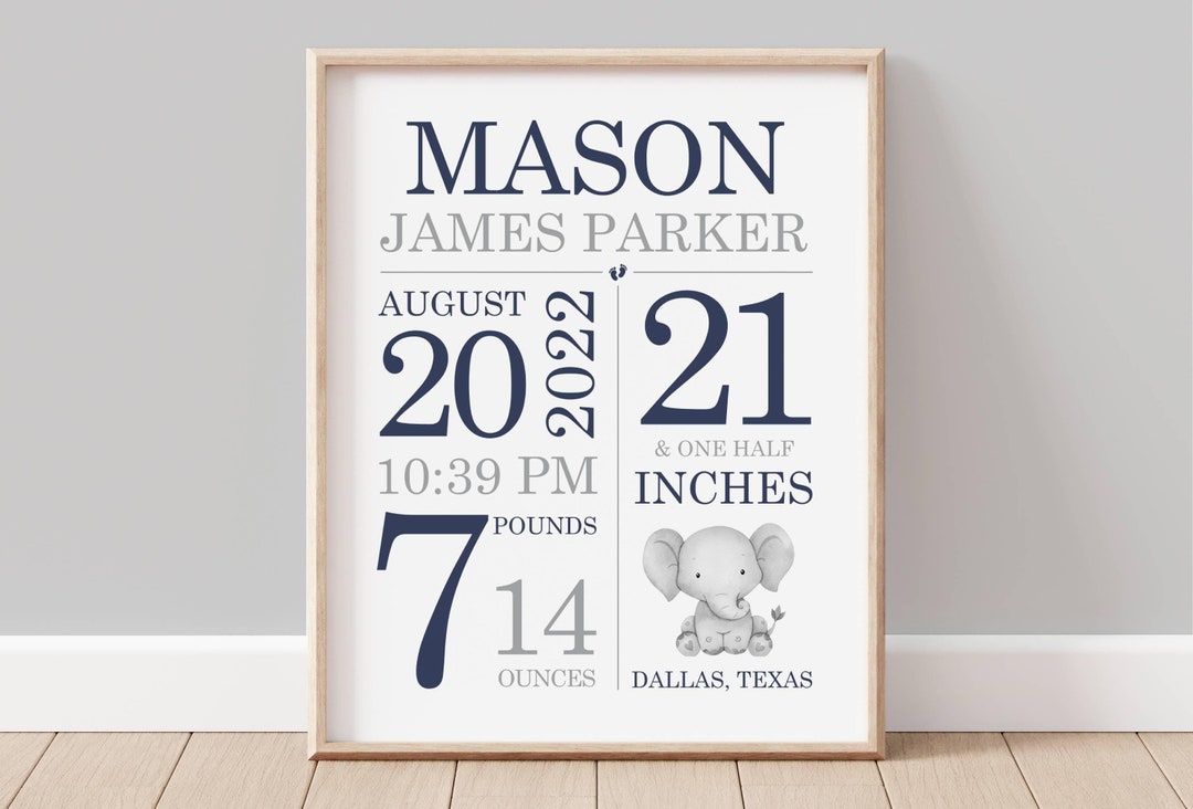Personalized Elephant Baby Birth Stat - Jungle Safari Nursery Wall Art ...
