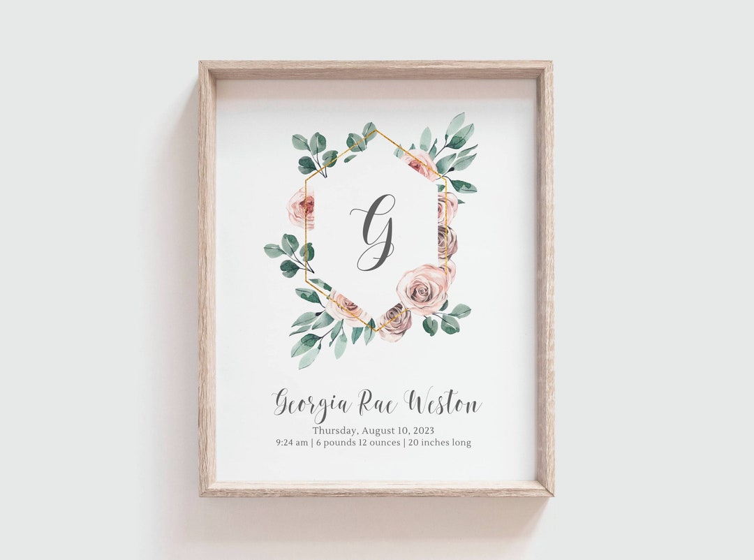 Blush Boho Floral Letter Initial Nursery Wall Art, Baby Birth Stat ...